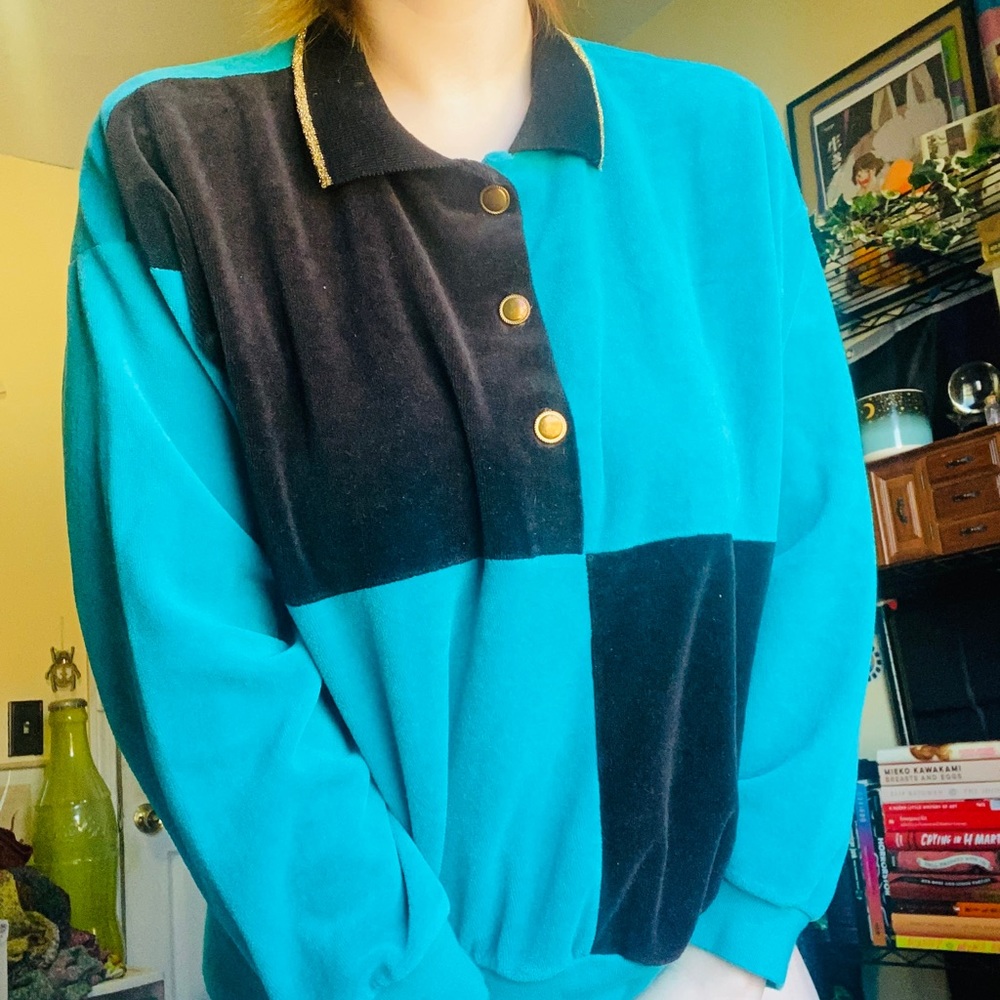 80s Vintage Colorblock Glitter Collar Teal Black Velo… - Gem
